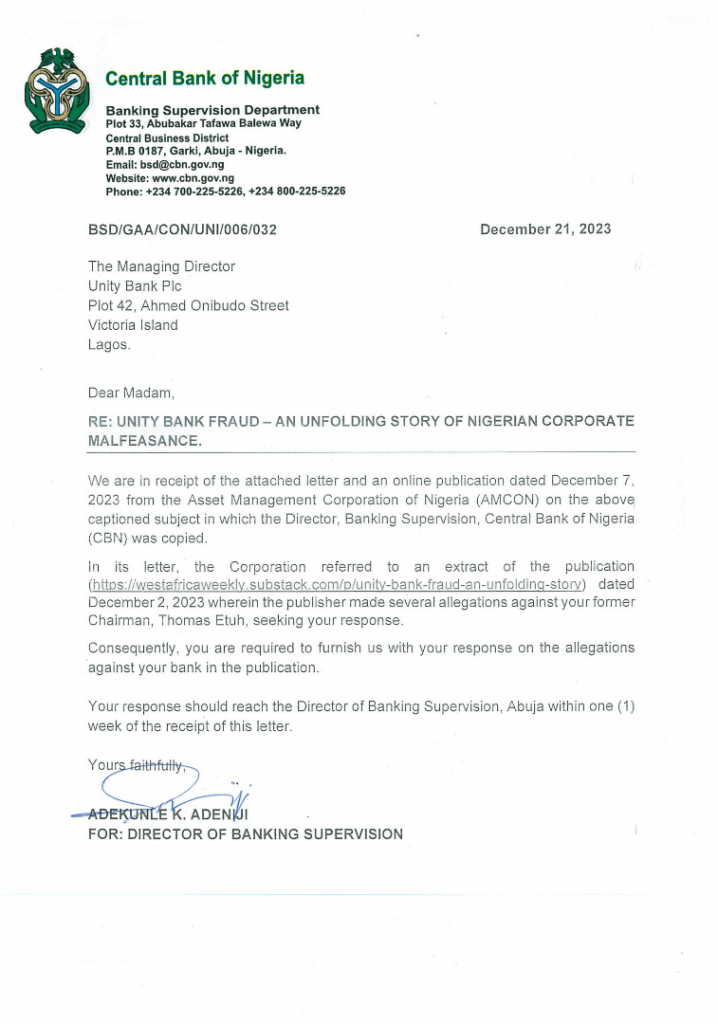 After WAW's Story, CBN Begins Investigation Into Unity Bank Fraud ...