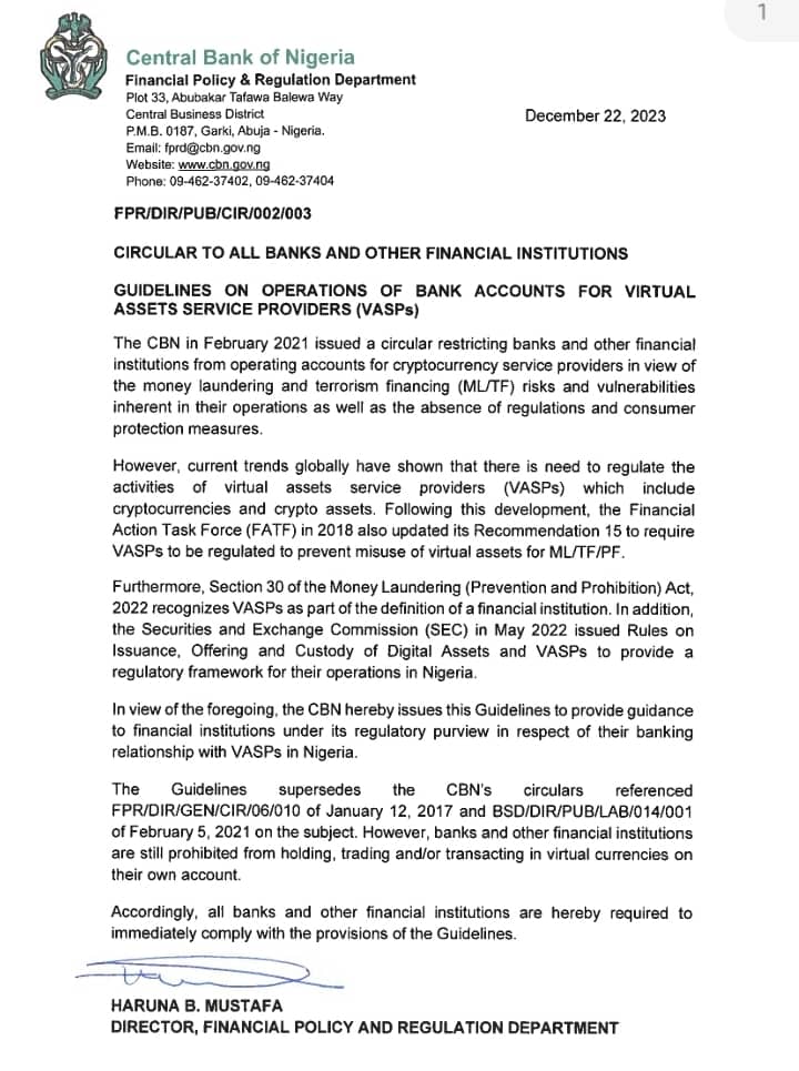 CBN Issues Guidelines on Banking Relations with Virtual Assets Service ...
